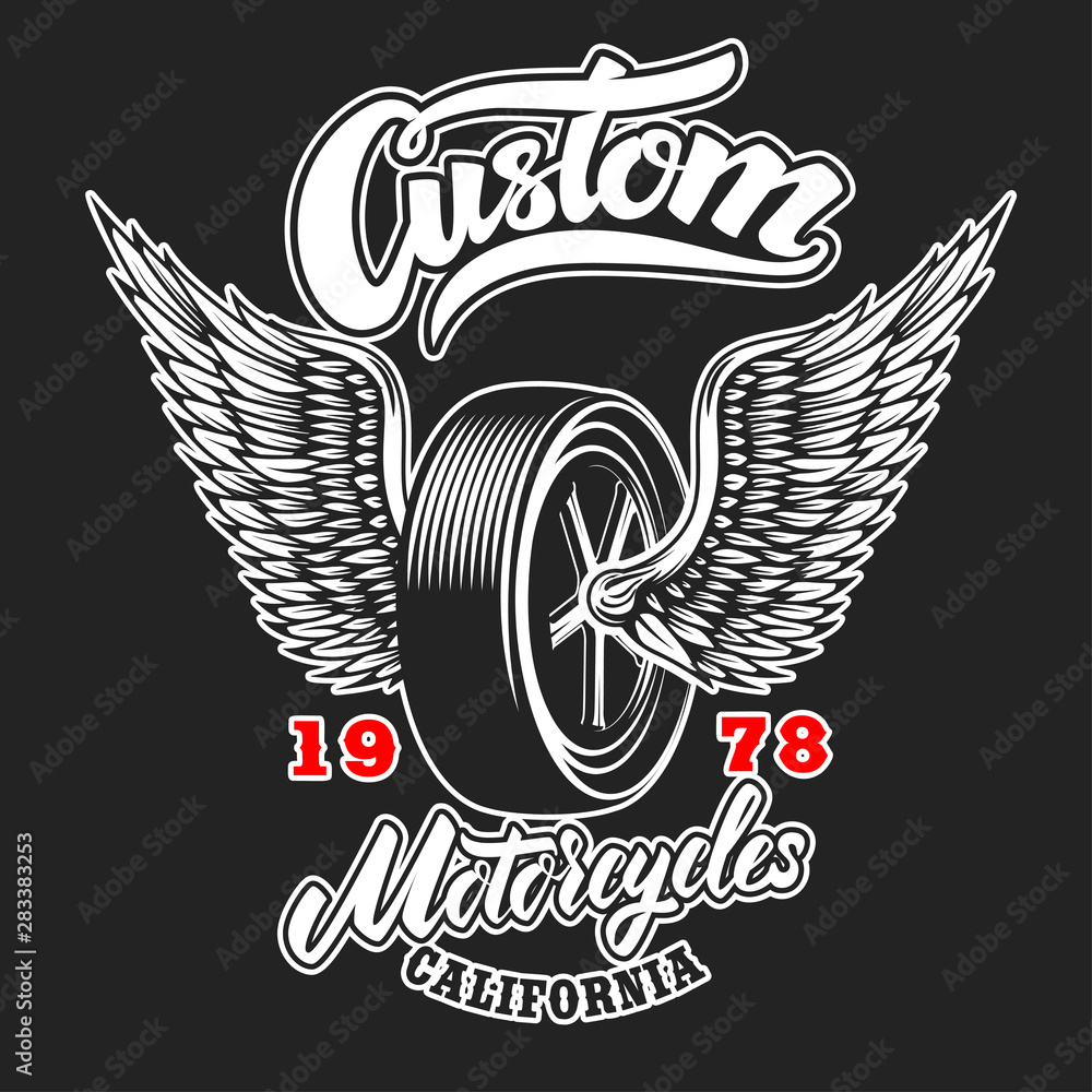 Custom motorcycles. Poster template with winged wheel. Design element ...