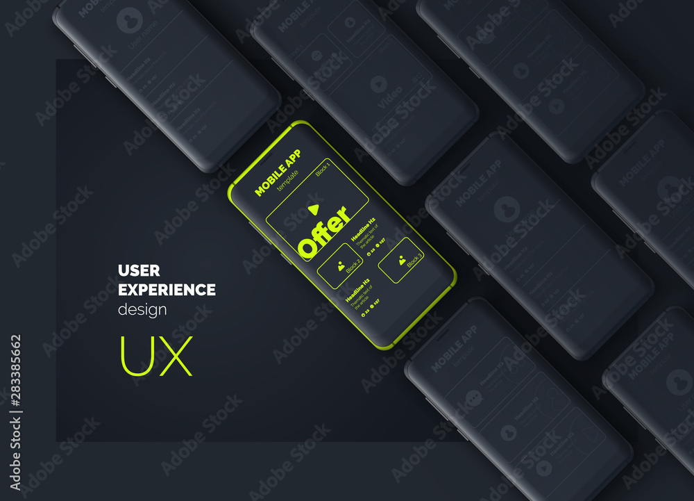 User experience. User interface. Mobile phone on a black background ...