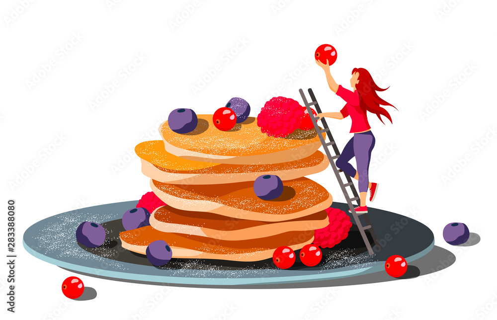 Pancakes on the plate with woman on the stairs. Vector illustration for ...