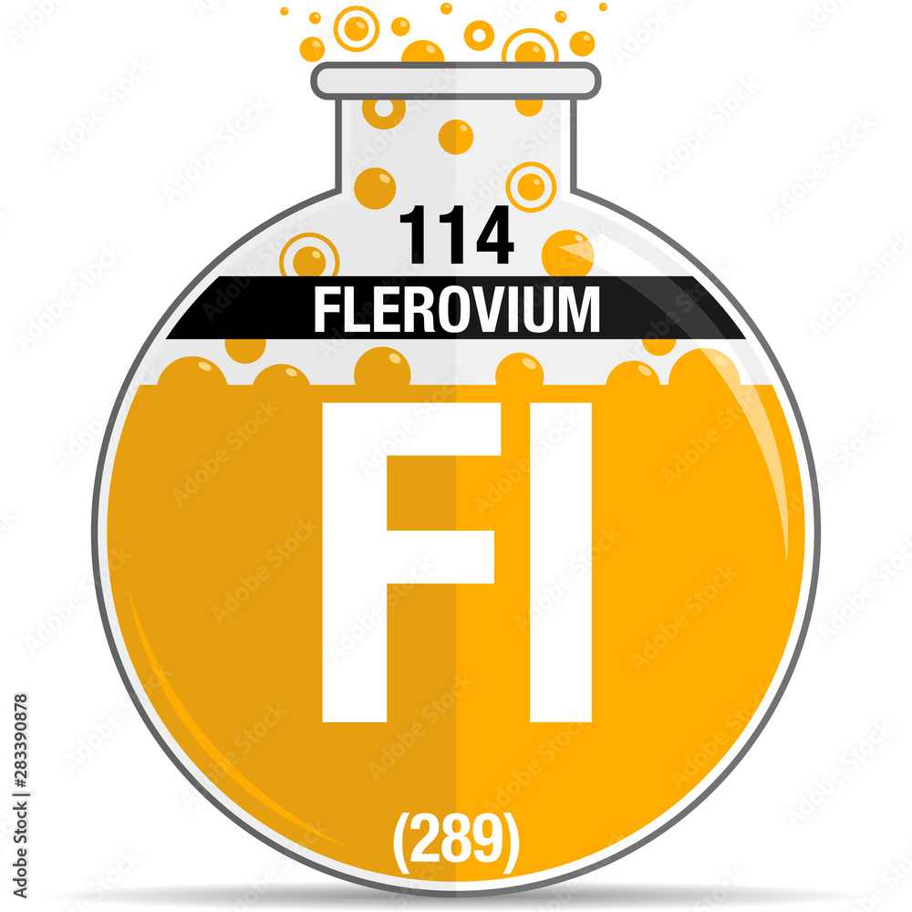 Flerovium symbol on chemical round flask. Element number 114 of the ...
