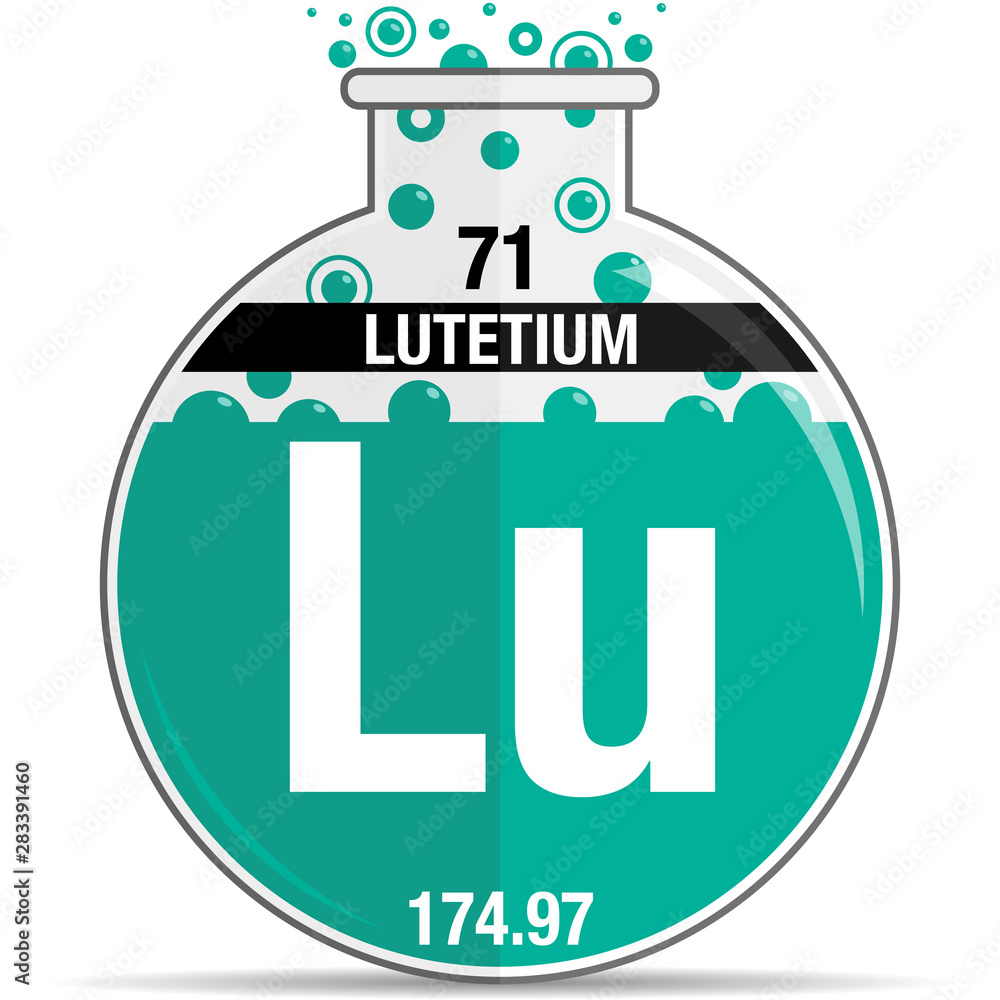 Lutetium symbol on chemical round flask. Element number 71 of the ...