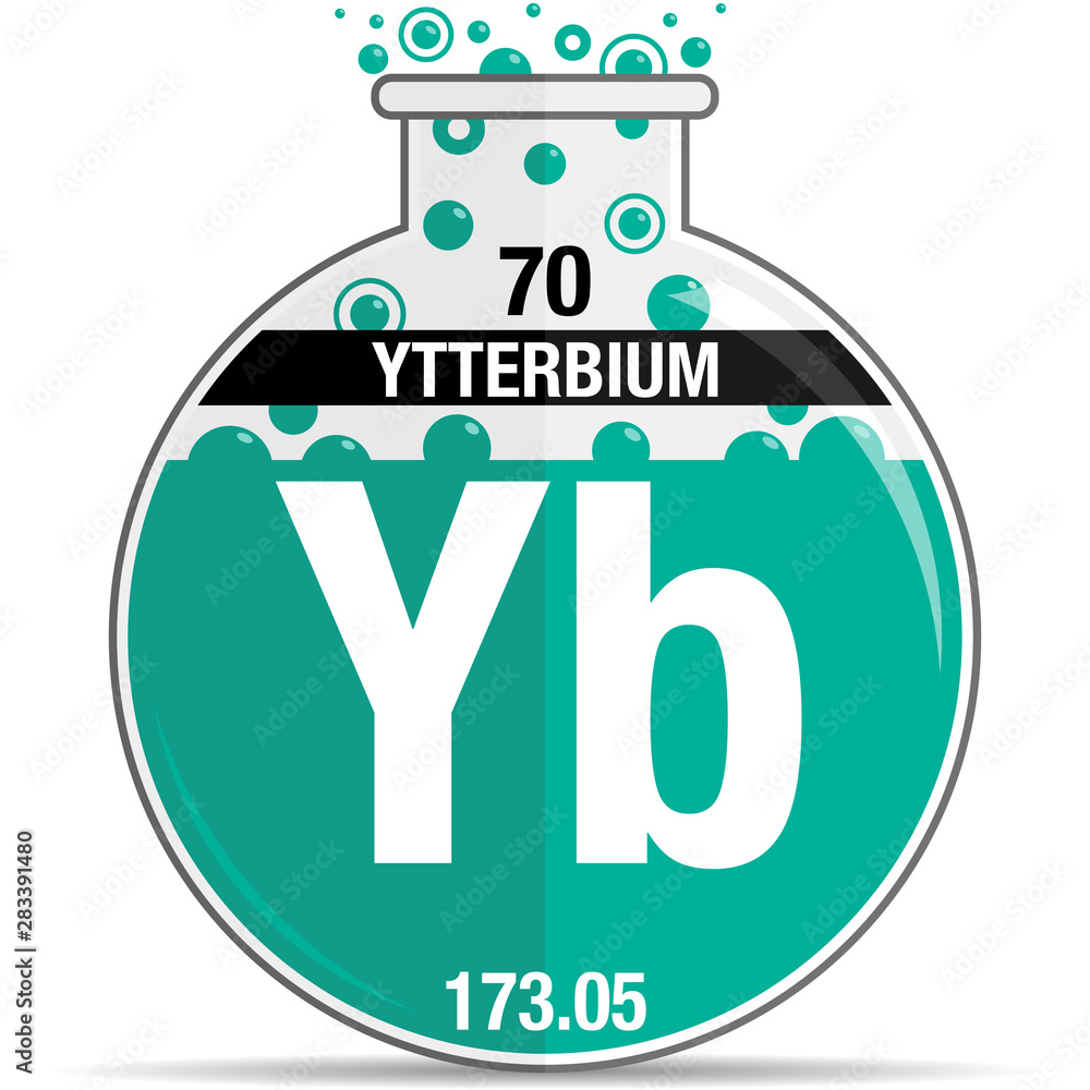Ytterbium symbol on chemical round flask. Element number 70 of the ...