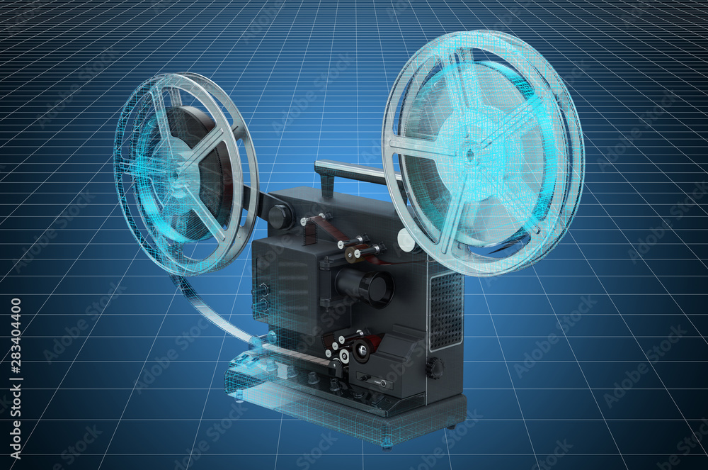 Visualization 3d cad model of retro cinema projector, blueprint. 3D ...