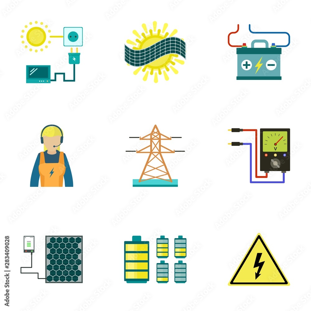 Electric power station icon set. Flat set of 9 electric power station ...