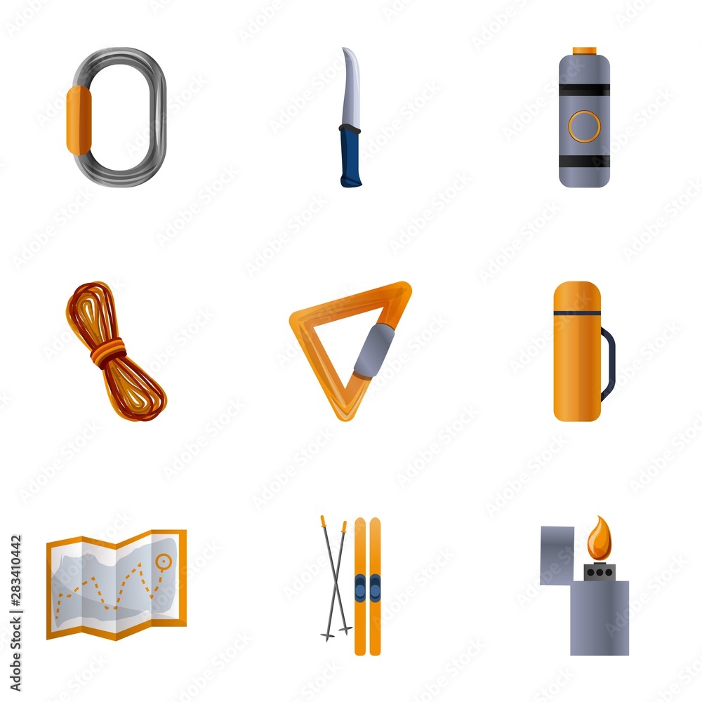 Adventure equipment icon set. Cartoon set of 9 adventure equipment ...