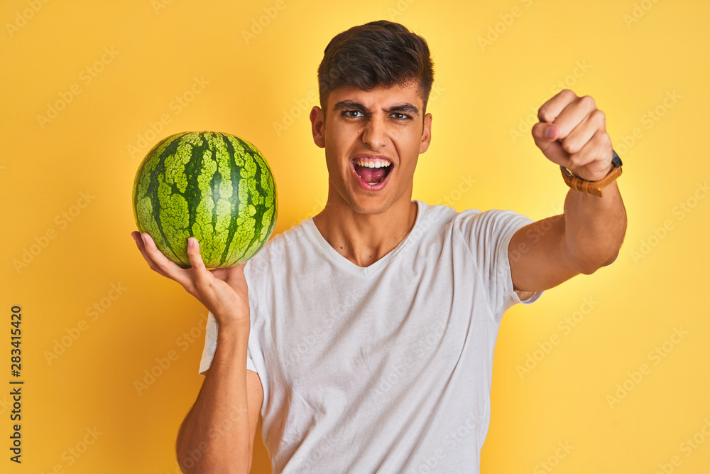 Young indian shopkeeper man holding watermelon standing over isolated ...