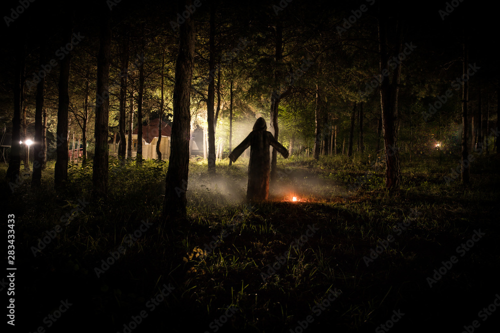 strange light in a dark forest at night. Silhouette of person standing ...