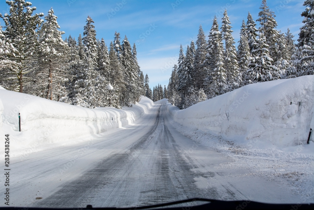 Frozen road highway 88 towards Carson Pass featuring 5 feet of snow on ...
