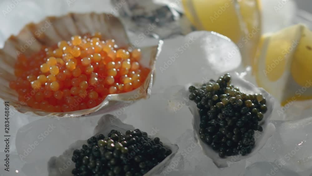 Black Granular Sturgeon Caviar in Oyster. Sturgeon Fish eggs luxury ...