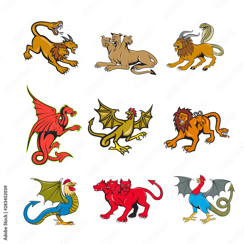 Set or collection of cartoon character mascot style illustration of ...