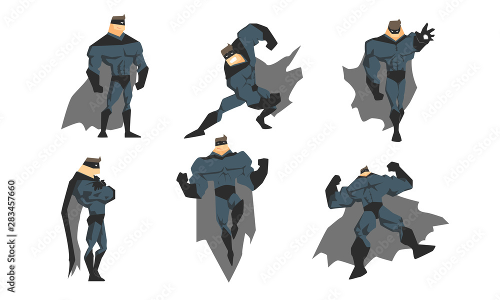 Superhero in Different Action Poses Set, Courageous Superhero Character ...