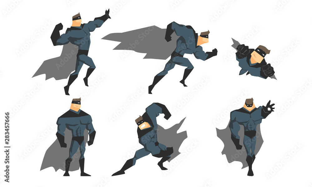 Superhero in Different Action Poses Set, Courageous Superhero Character ...