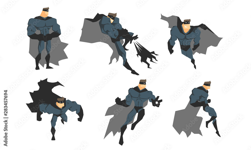 Superhero in Gray Costume and Black Mask in Different Action Poses Set ...