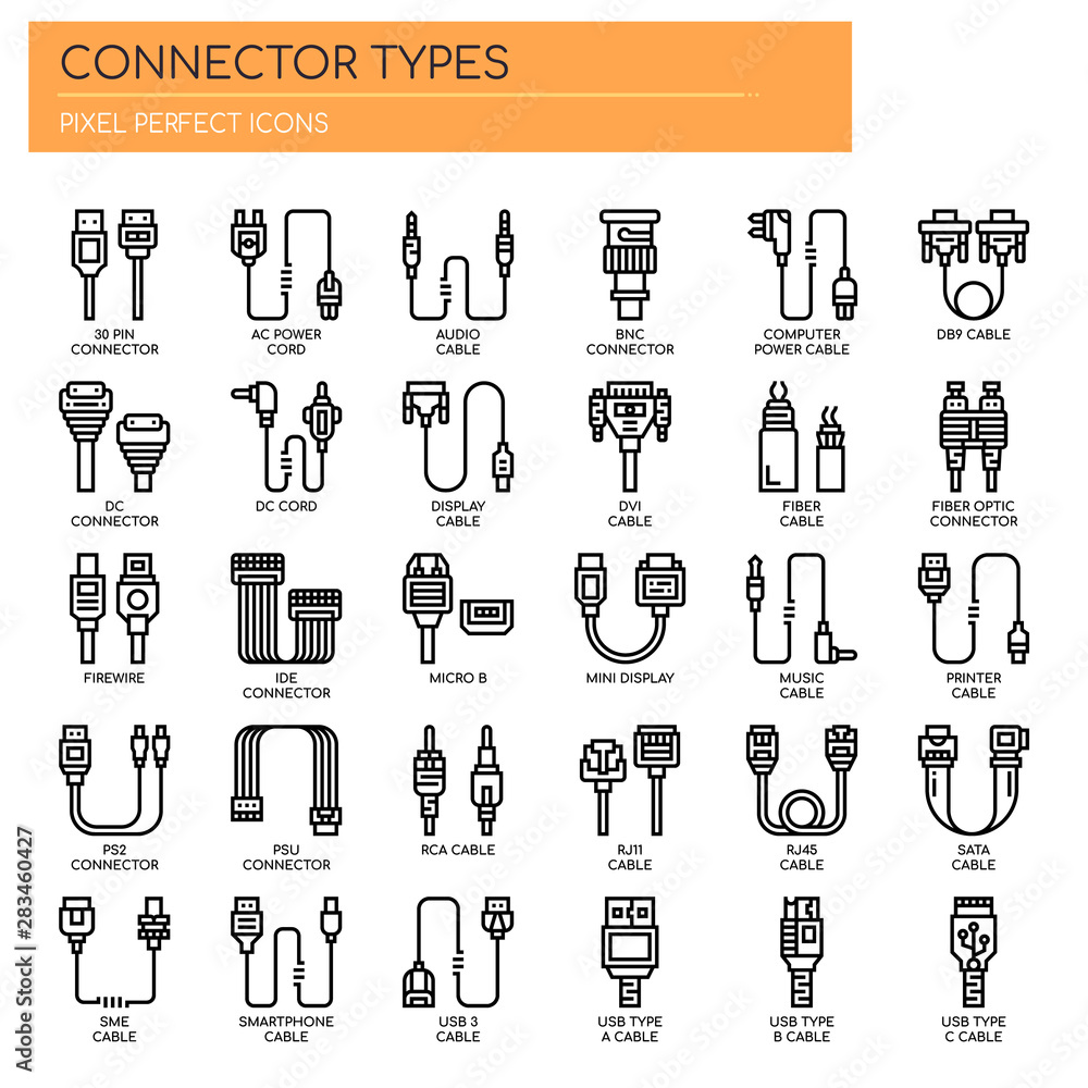 Connector Types , Thin Line and Pixel Perfect Icons Stock Vector ...