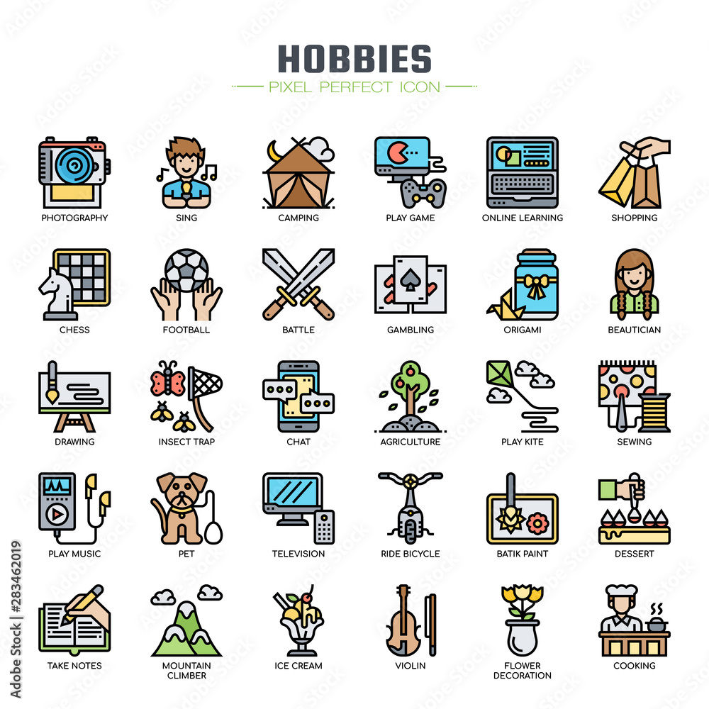 Hobbies Elements , Thin Line and Pixel Perfect Icons Stock Vector ...