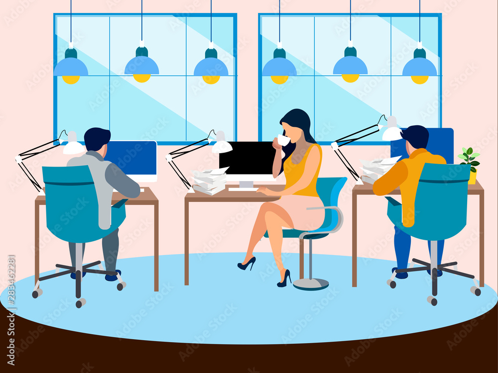 The working environment in the office. Employees work. In minimalist ...