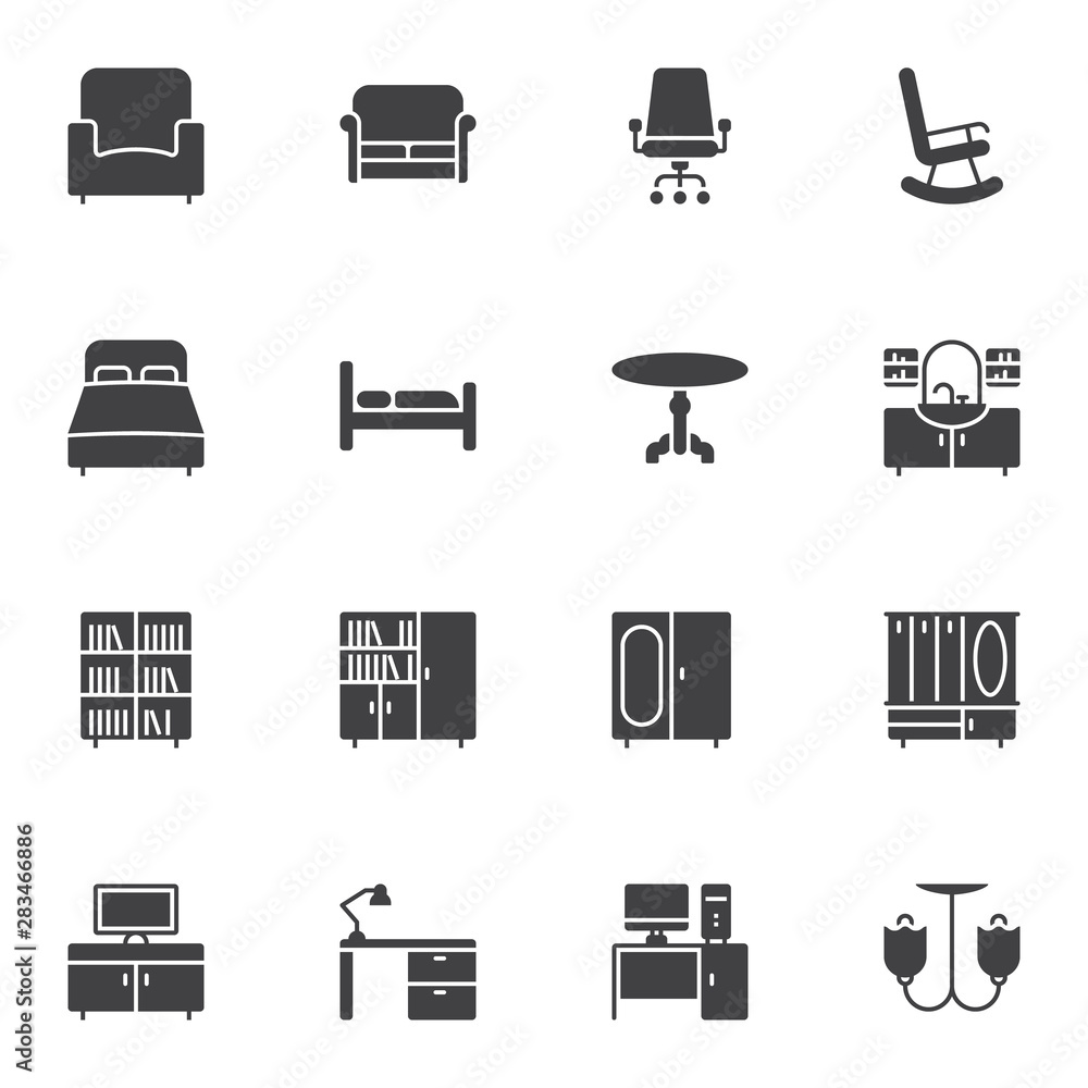 Furniture vector icons set, modern solid symbol collection, filled ...