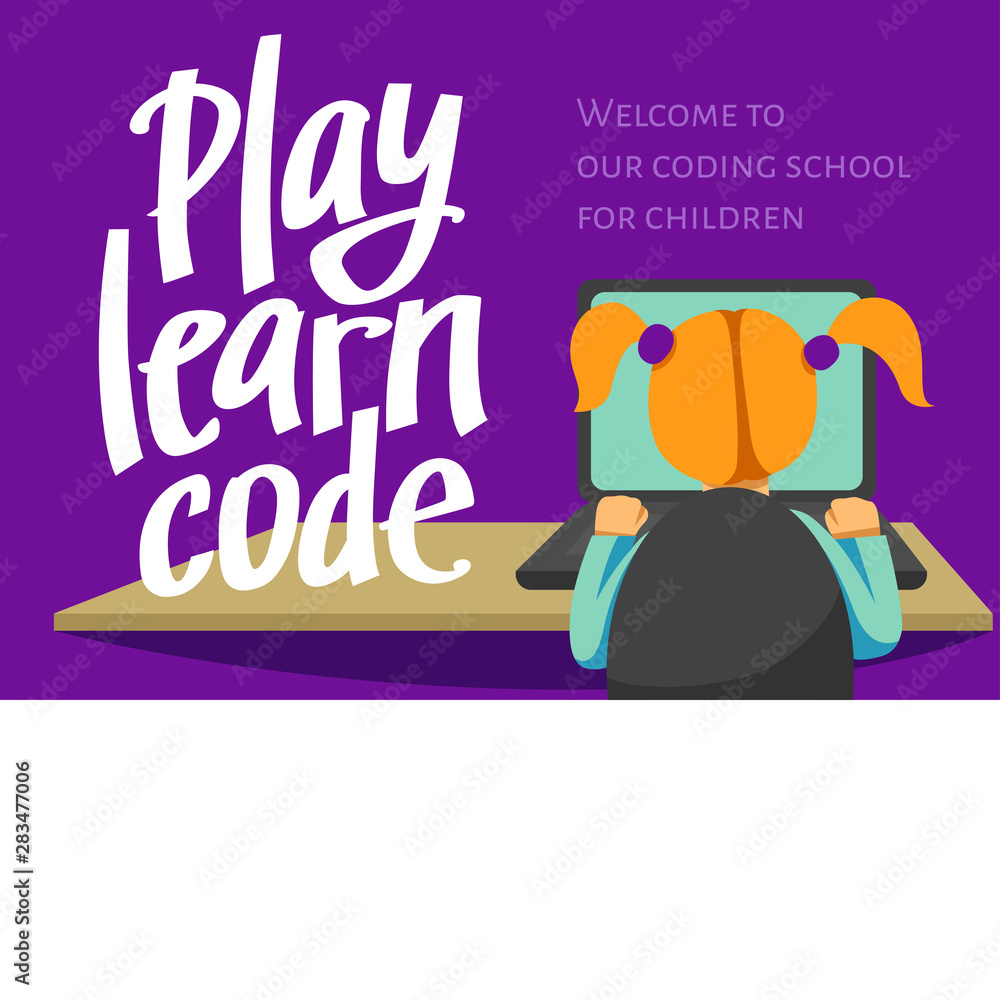 A vector image of a girl sitting at the desk and coding on the laptop with a purple background ...