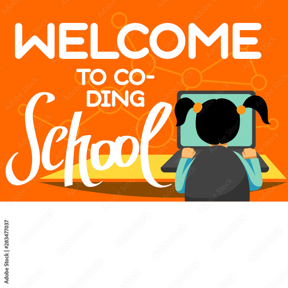 A vector image of a girl sitting at the desk and coding on the laptop ...