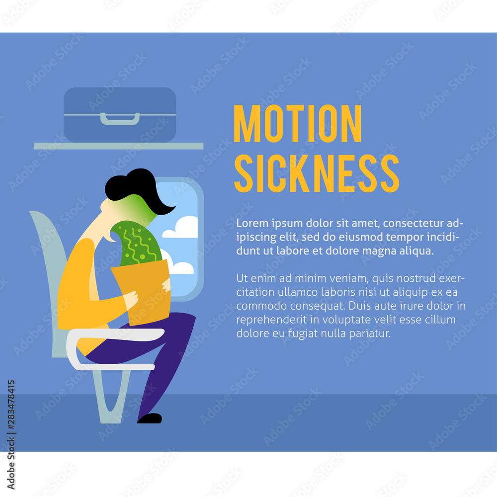 A vector image of a man in the transport with motion sickness. A color ...