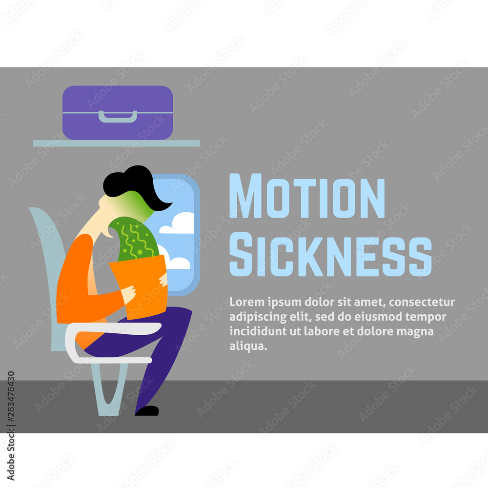 A vector image of a man in the transport with motion sickness. A color ...