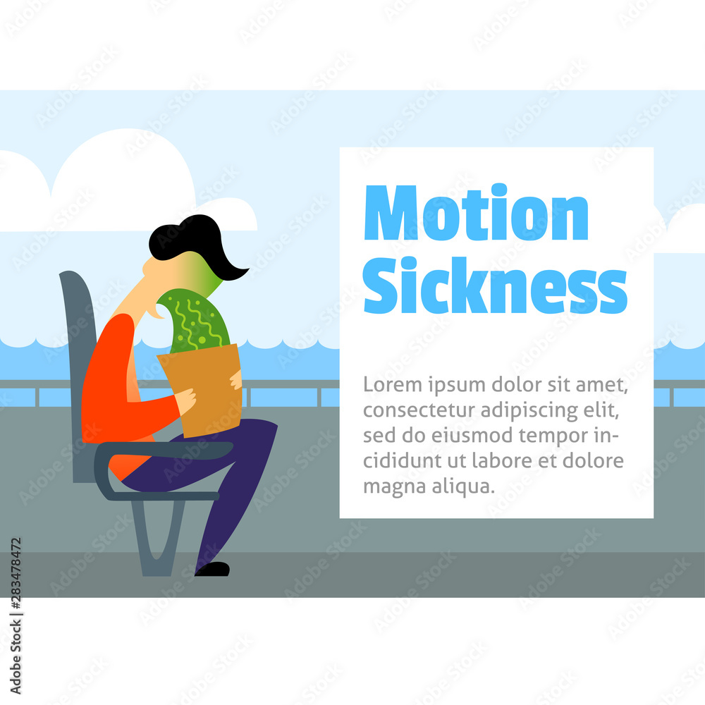 A vector image of a man in the transport with motion sickness. A color ...