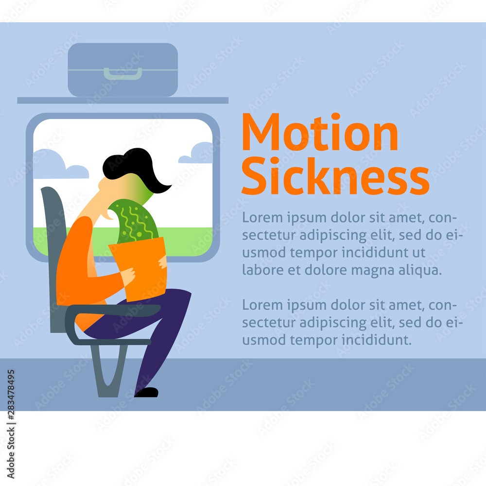 A vector image of a man in the transport with motion sickness. A color ...