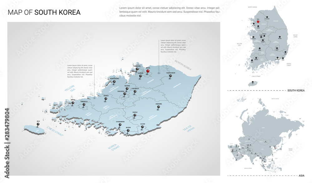 Vector set of South Korea country. Isometric 3d map, South Korea map ...