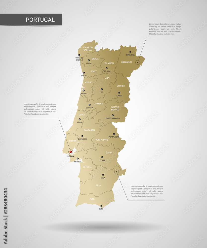 Stylized vector Portugal map. Infographic 3d gold map illustration with ...