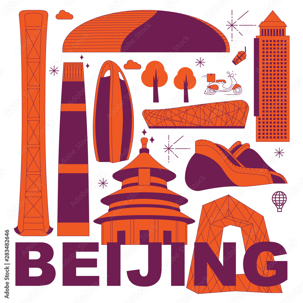 Beijing culture travel set, Chinese famous architectures, China in flat ...