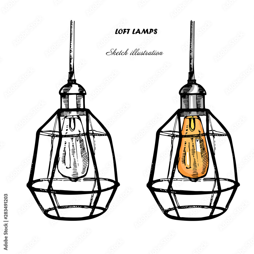 Hand drawn geometric loft lamps and iron lampshade.Modern ceiling ...