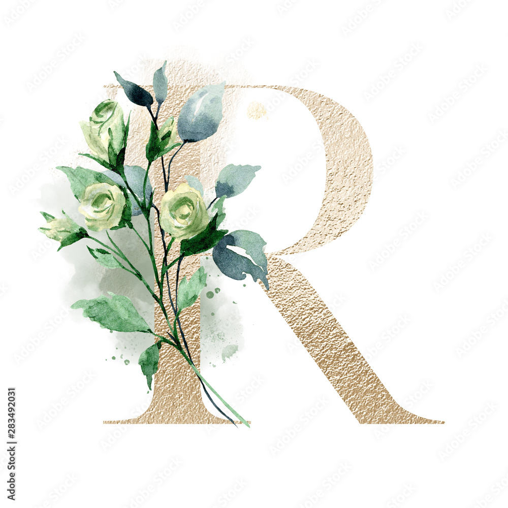 Letter R with watercolor leaves, flower. Floral gold alphabet, monogram ...
