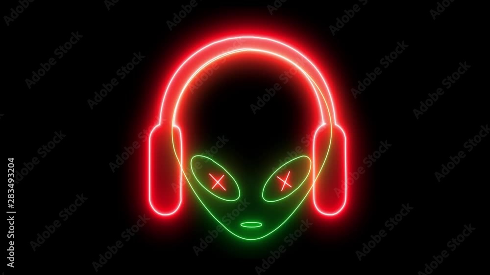 Video „Neon UFO face, alien emoji listening music with headphones ...