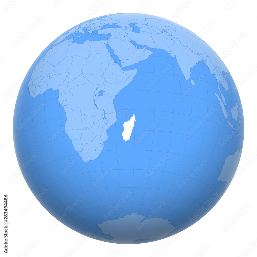 Madagascar on the globe. Earth centered at the location of the Republic ...