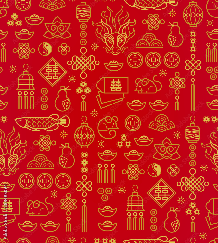 Seamless pattern with a outline symbols in the Chinese style. Stock ...