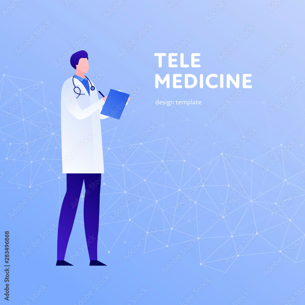 Vector modern flat online doctor banner template. Male doctor on blue ...