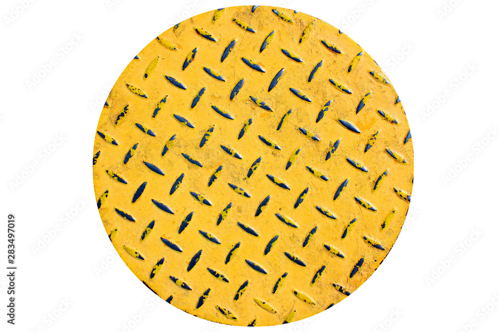 Worn safety bumps on yellow painted metal floor. Round plate, isolated ...