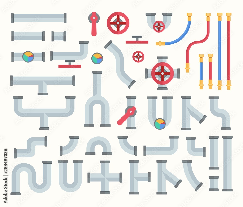 Pipe constructor set vector illustration. Massive ramified pipeline with big amount of different ...