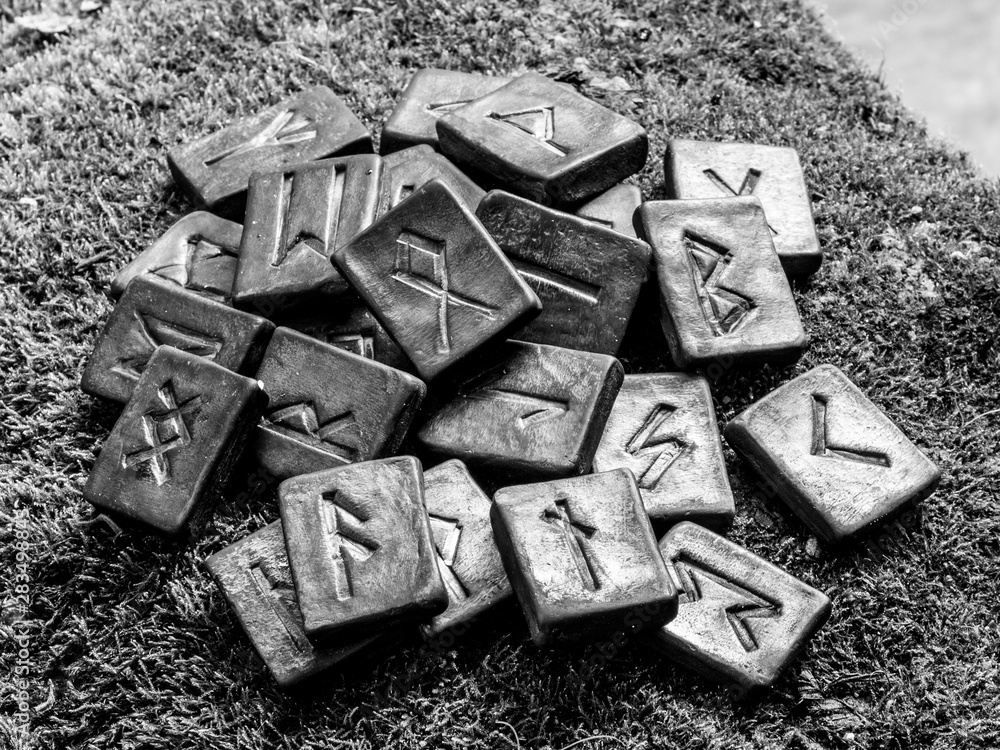 24 Norse runes on grass in black and white background Stock Photo ...