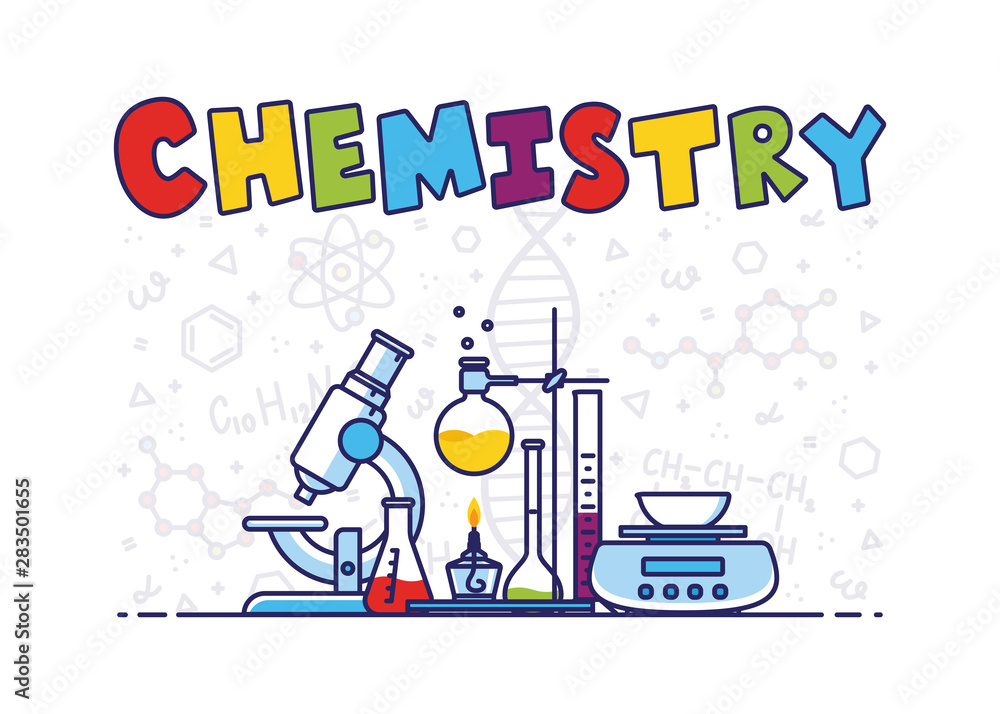Multicolor vector illustration on Chemistry theme in flat style. Flasks ...