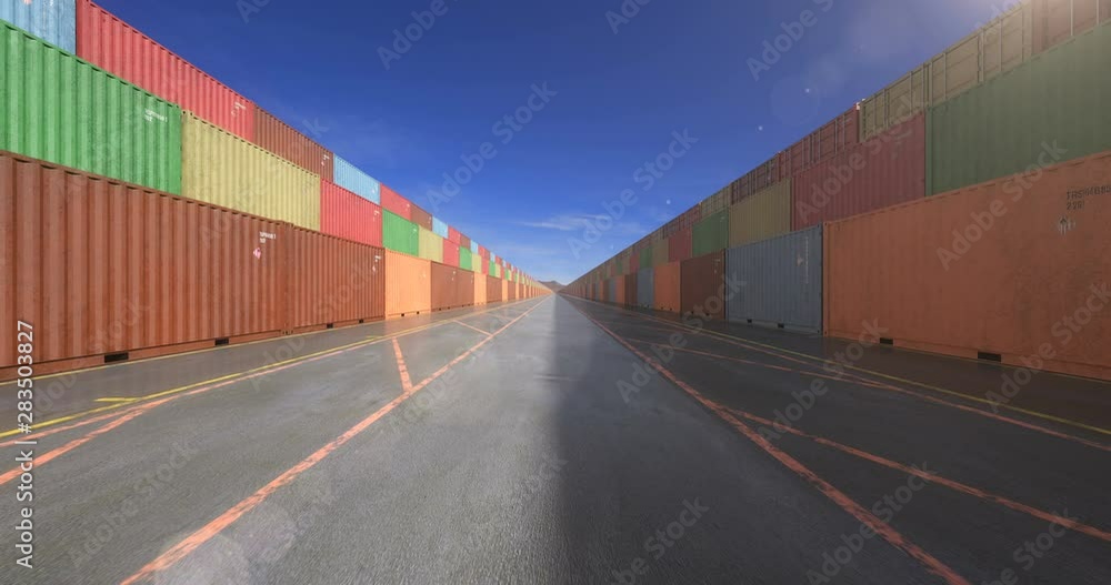 Endless rows of cargo shipment containers. Camera moves slowly along ...