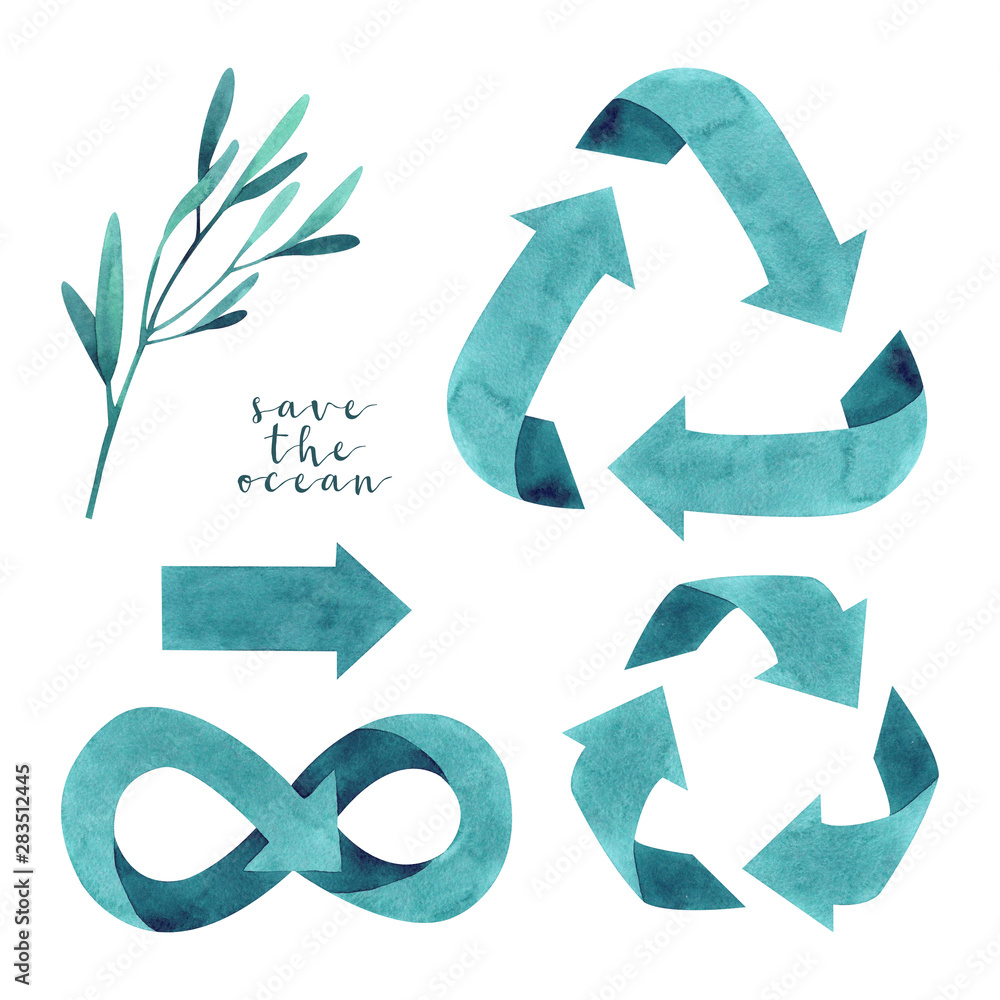 Watercolor recycling signs and sprig with leaves isolated on white ...