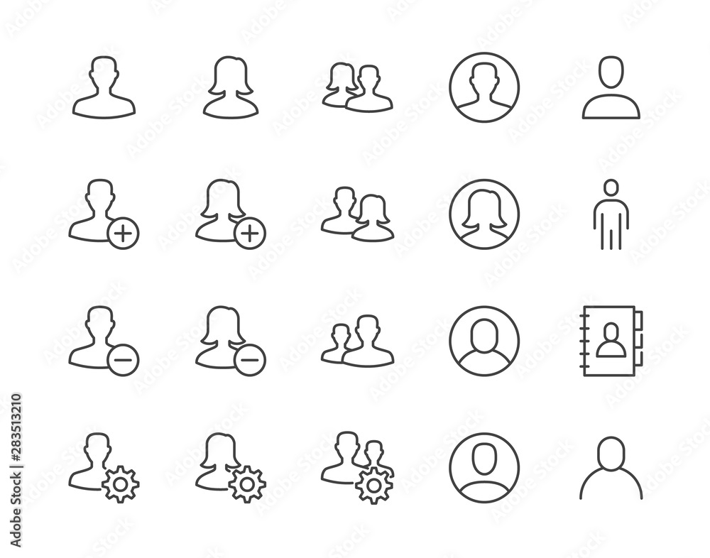People icons, simple flat line set. Man, woman avatar, user profile ...