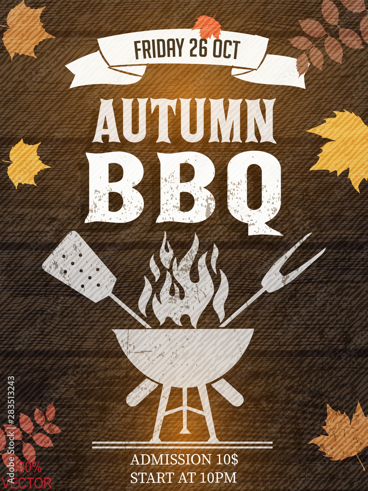 BBQ party invitation template with grill elements on wooden. Summer or ...