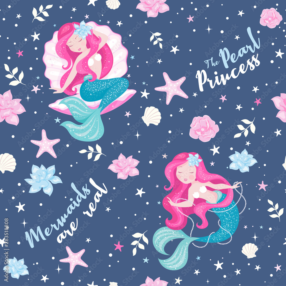 Beautiful dark blue mermaid pattern. Girl print. Design for kids ...