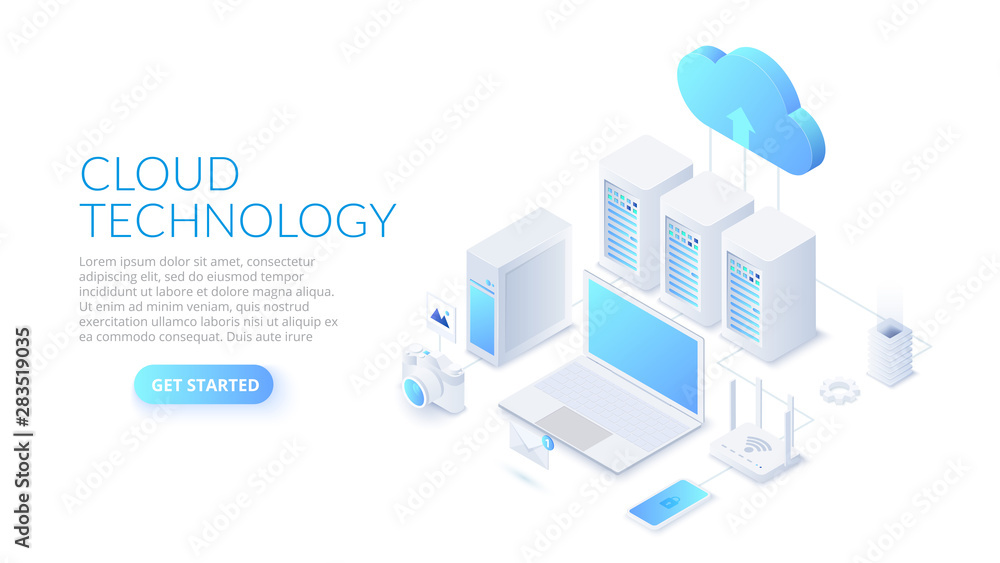 Isometric cloud technology with datacenter, laptop and other devices ...