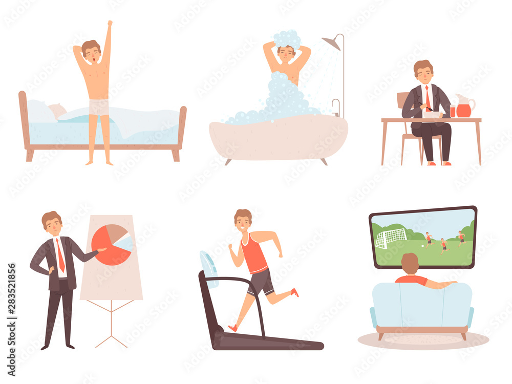 Man daily routine. Businessman work day morning night everyday ...