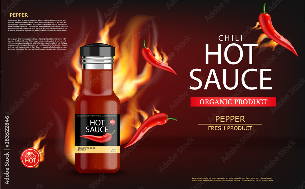 Hot chili sauce on fire vector realistic. Product placement mock up ...