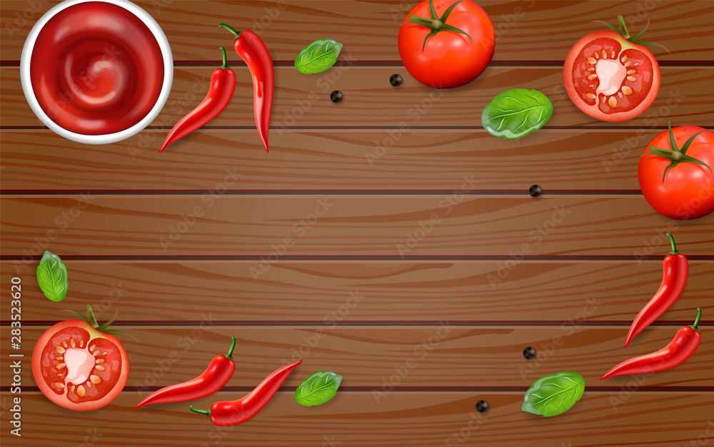 Chili and tomato on wood table Vector realistic. Hot sauce ingredients ...