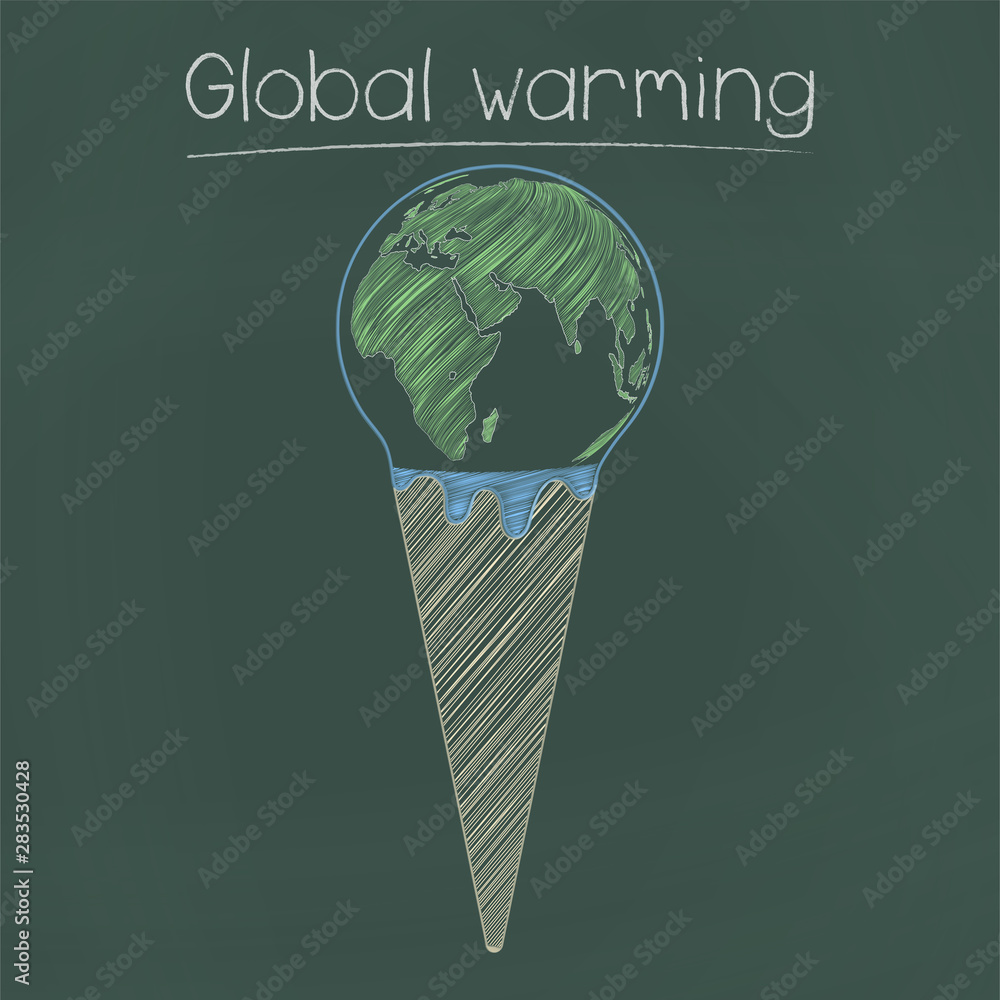 Melted earth in ice cream cone on chalkboard. Global warming ...